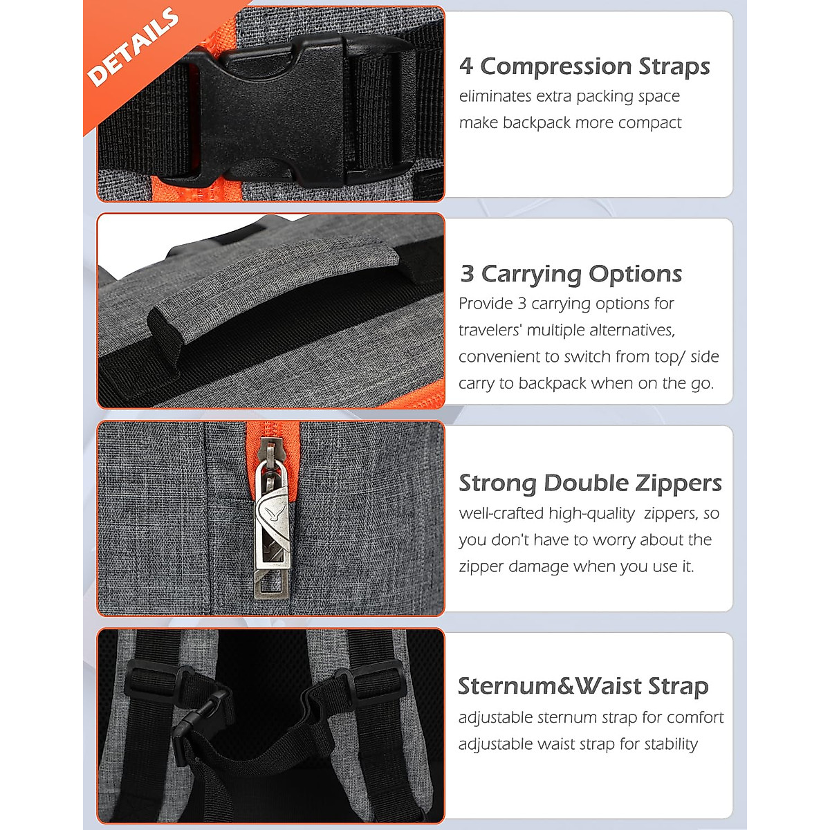 Hynes Eagle Carry on Backpack 38L Large Travel Backpack for Women Flight Approved Weekender Bag Laptop Backpack Men 15 inches Orange Grey with Black Grey