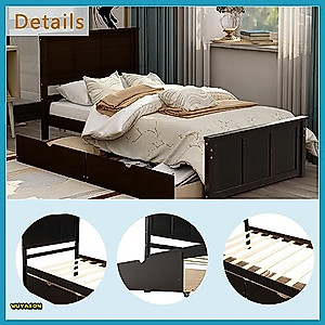 Platform Storage Bed with Two Drawers on Wheels, Solid Wood Single Bed with Support Slats, Single Bed Frame for Boys, Girls, Teenagers and Adults, No Springs Required (Espresso)