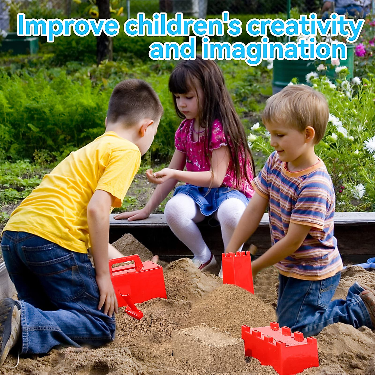 4 Pack Sand Block Molds- Sand & Snow Fort Building Block Sand Castle Mold Beach Toy Brick with Shovel Snow Castle Toy Molds for Kids Outdoor Summer Beach Toy & Winter Snow Activity Toys Kit (Red)