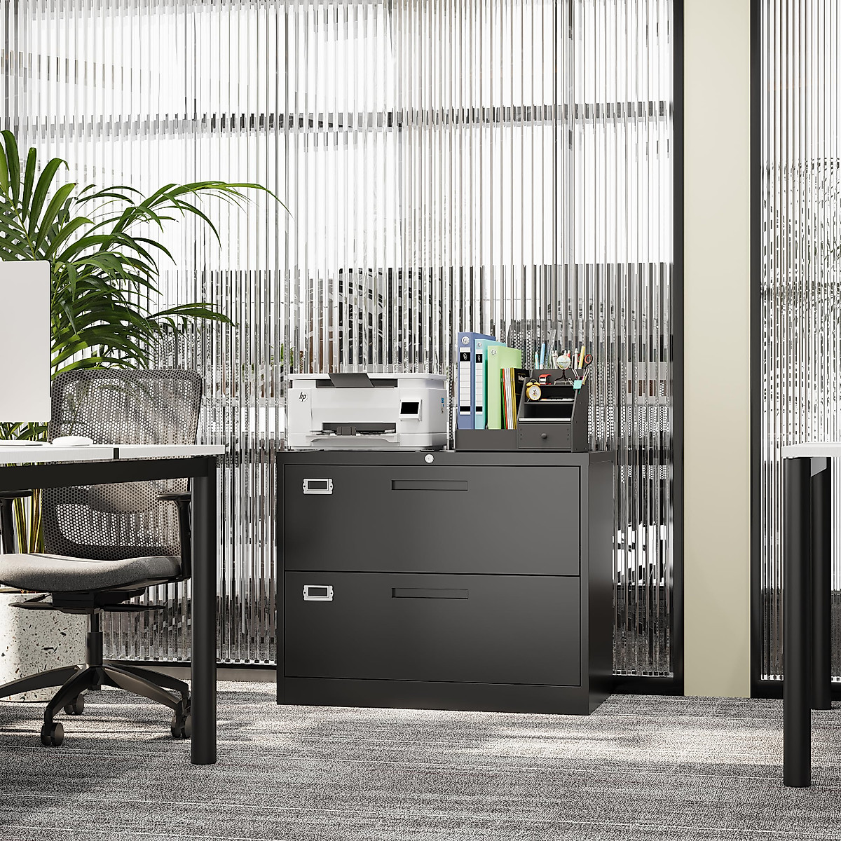 RAVIGIN 2 Drawer File Cabinet with Lock,Lateral Metal Black Filing Cabinets for Home Office 36" Wide Hanging Letter/Legal/F4/A4 Size (Require Assembly)