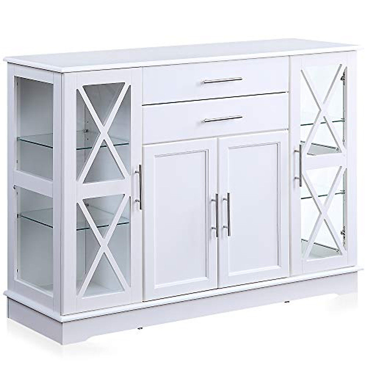 BELLEZE Sideboard Buffet Cabinet, 47 Inch Storage Cabinet Console Table Coffee Bar Cabinet Kitchen Cupboard Pantry Cabinet Glass Display Cabinet for Lving Room Entryway Dining Room, White