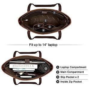 S-ZONE Women's Leather Tote Bag Vintage Large Work Handbag Shoulder Crossbody Purse with Zipper Pocket