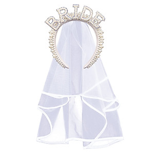 JUSTOTRY Bride Headband for Bachelorette - Bachelorette Outfit for Bride To Be Pearl Hairband Veil for Bridal Shower Gift (pearl)