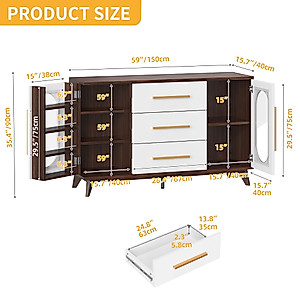 DWVO Storage Cabinet, 59'' Sideboard Buffet Cabinet with Storage, Coffee Bar Cabinet with 3 Drawers, 2 Glass Doors, Capacity 300 lbs, Credenza for Kitchen, Living Room, White Brown
