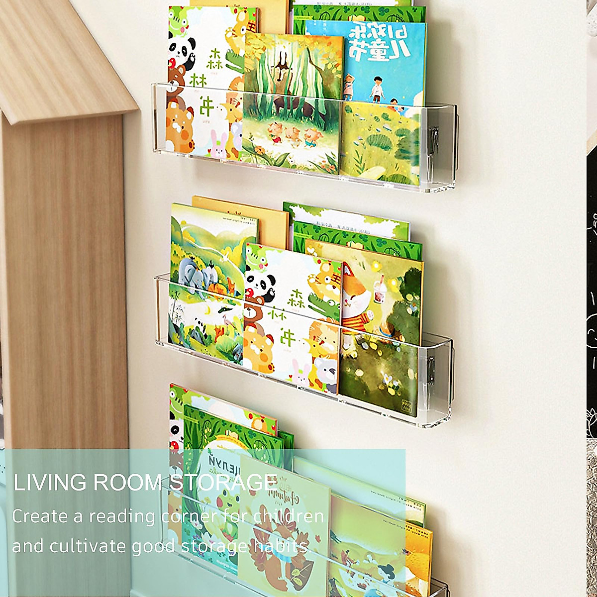 Bakidn Kids Bookshelf Wall Mounted Clear Floating Bookshelf 18" Book Display Vinyl Display, Record Holder, Magazine Rack, Picture Ledge Shelf for Bedroom, Toddler Room, Nursery,Classroom