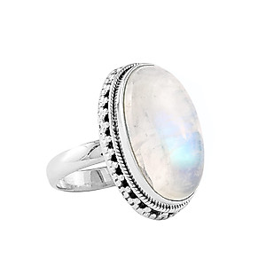 Silver Eternity Big Moonstone ring for Women Oval Stone Ring 925 Sterling Silver Boho Sterling Silver Statement Ring For Gift (White, Ring Size - 7)