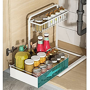 WOGQX 2 Tier Pull Out Spice Rack Cabinet Organizer Under Sink Sliding Storage Drawer, Kitchen Countertop Storage Basket,White