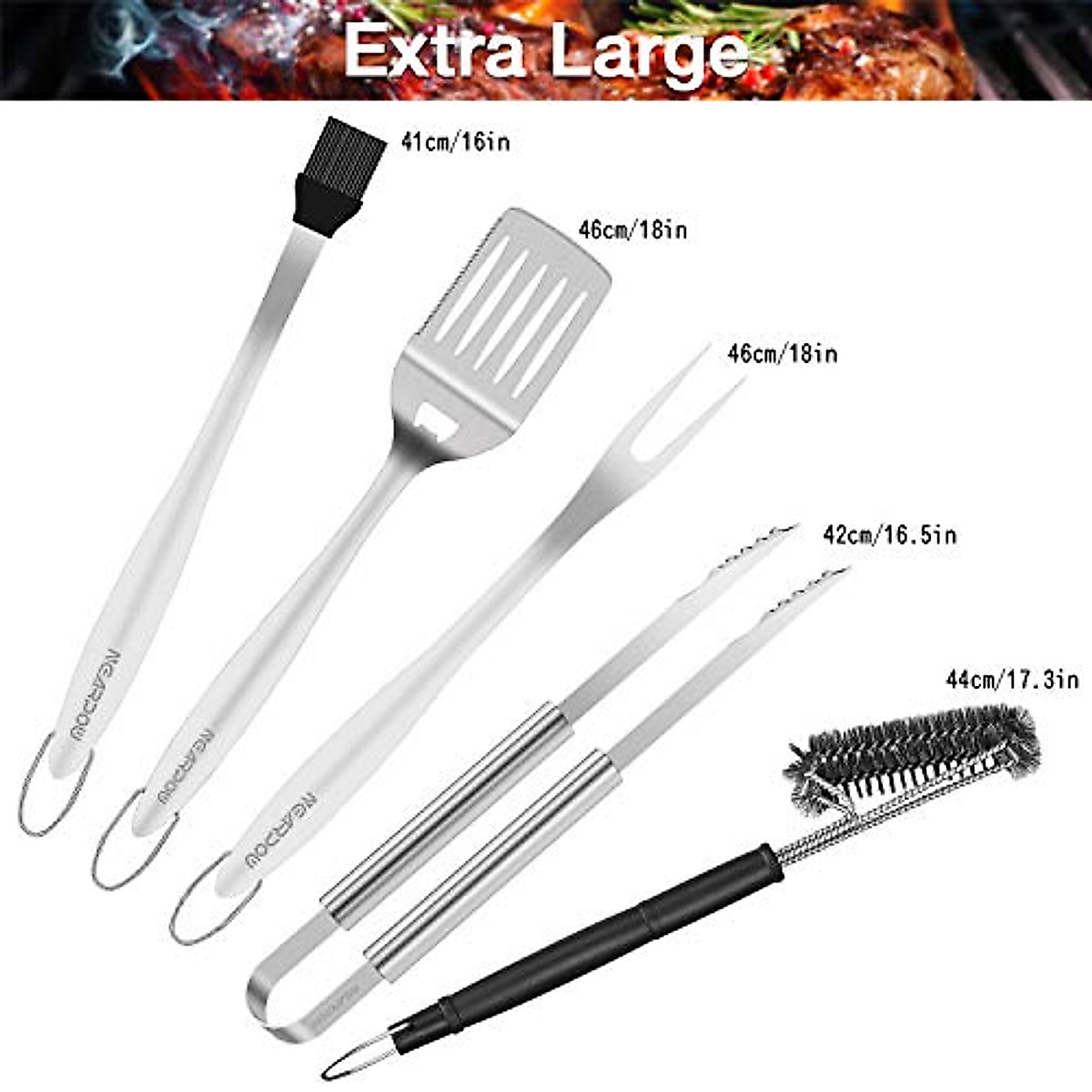NEARPOW Heavy Duty BBQ Grill Tools Set, 18” Long Handle Grill Utensils Kit, Tongs Spatula Fork Basting Brush Cleaning Brush, Stainless Steel Barbecue Accessories Gift for Men Grilling Cooking Camping