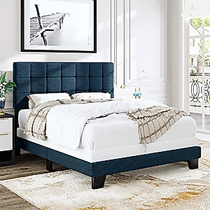Allewie Queen Size Panel Bed Frame with Adjustable Headboard for High Profile/Fabric Upholstered/Square Stitched Padded Headboard/Box Spring or Bunkie Board Required/Navy Blue