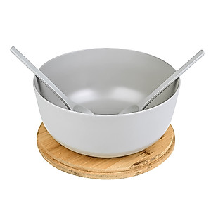 Bamboo Fiber Salad Bowl with Servers Set - Large 9.8 inches mixing bowls Solid Bamboo Salad Wooden Bowl with Bamboo Lid Spoon for Fruits,Salads and Decoration (Grey, 9.8INCH)