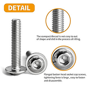 Cicidorai M5-0.8 x 12mm Flanged Button Head Socket Cap Screws Bolts, 304 Stainless Steel, Allen Socket Drive, Bright Finish, Full Machine Threads, Quantity 25