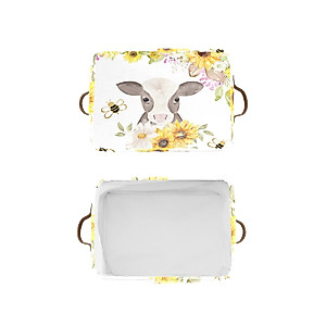 Farm Cow Sunflower Bee Personalized Storage Bins Basket Cubic Organizer with Durable Handle for Shelves Wardrobe Nursery Toy 1 Pack