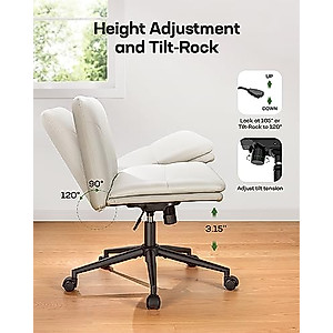Marsail Armless-Office Desk Chair with Wheels: PU Leather Cross Legged Wide Chair,Comfortable Adjustable Swivel Computer Task Chairs for Home,Office,Make Up,Small Space,Bed Room(Light Beige)