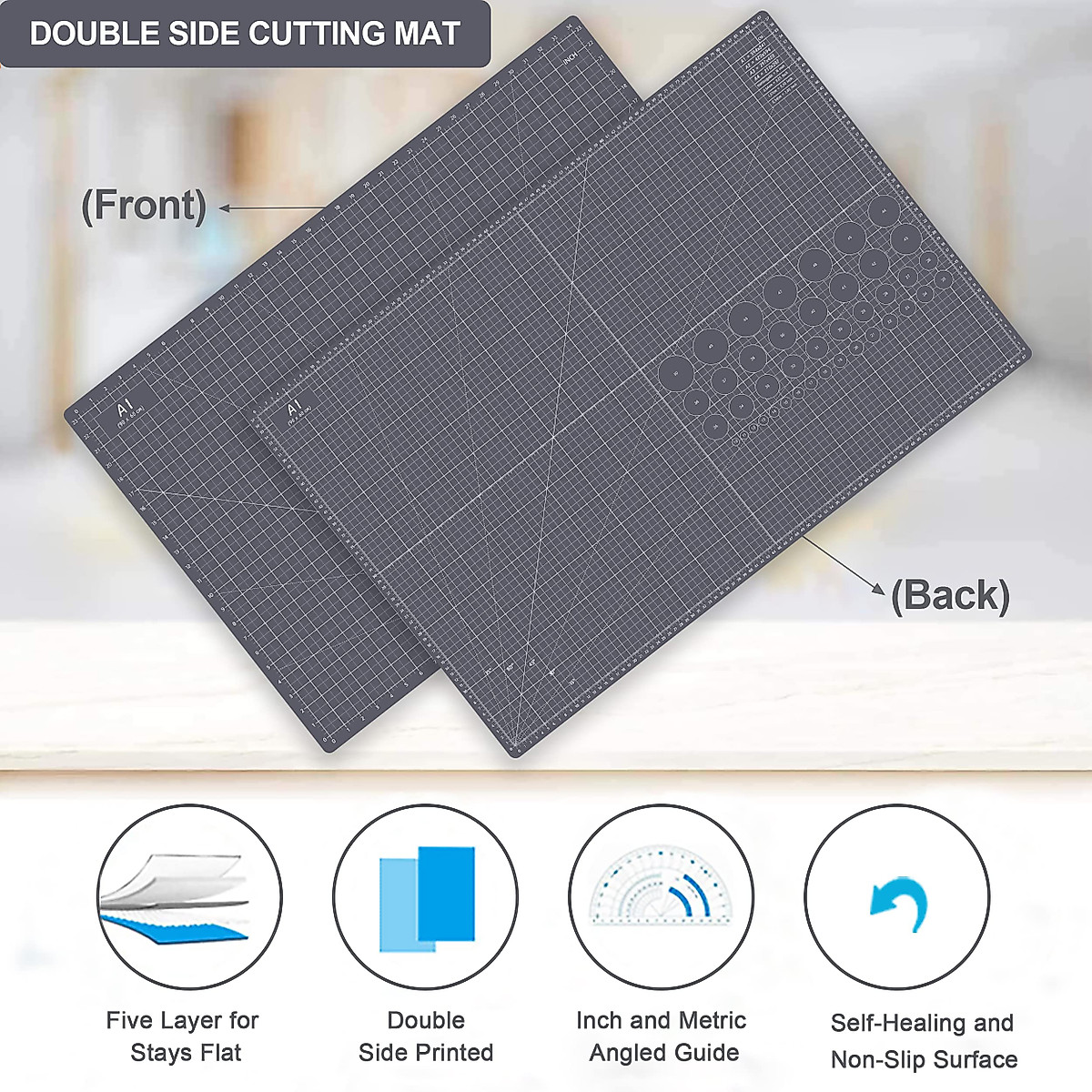 Headley Tools 24 x 36 Inch Large Self Healing Cutting Mat, Durable A1 Double Sided 5-Layer Craft Cutting Board for Fabric, Quilting, Sewing, Hobby, Scrapbooking, Arts and Crafts Project, Dark Gray