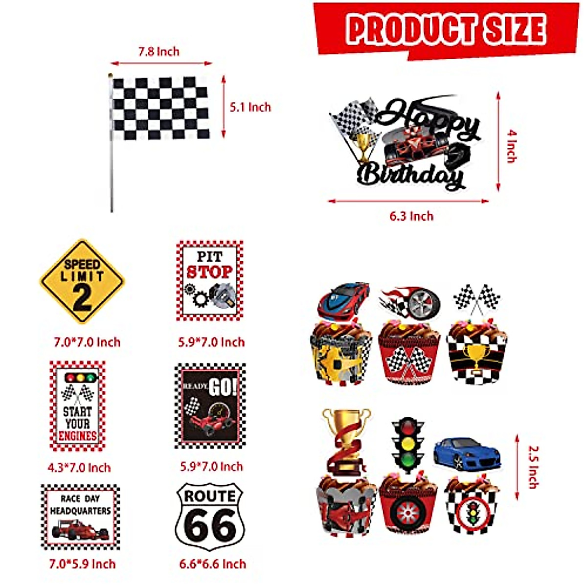 Race Car Birthday Party Supplies, 142 Pcs Racecar Racing Party Decorations for Boys Baby - Backdrop, Banner, Cake, and Cupcake Toppers, Balloons, Cupcakes Wrappers, Party Traffic Signs, Flags