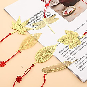 6pcs Metal Bookmarks with Chain, Golden Hollow Bookmark Vintage Exquisite Metal Bookmarks with Red Chinese Knot Hanging String Maple Leaf Dragonfly Feather for Book Lovers Teens Women Men