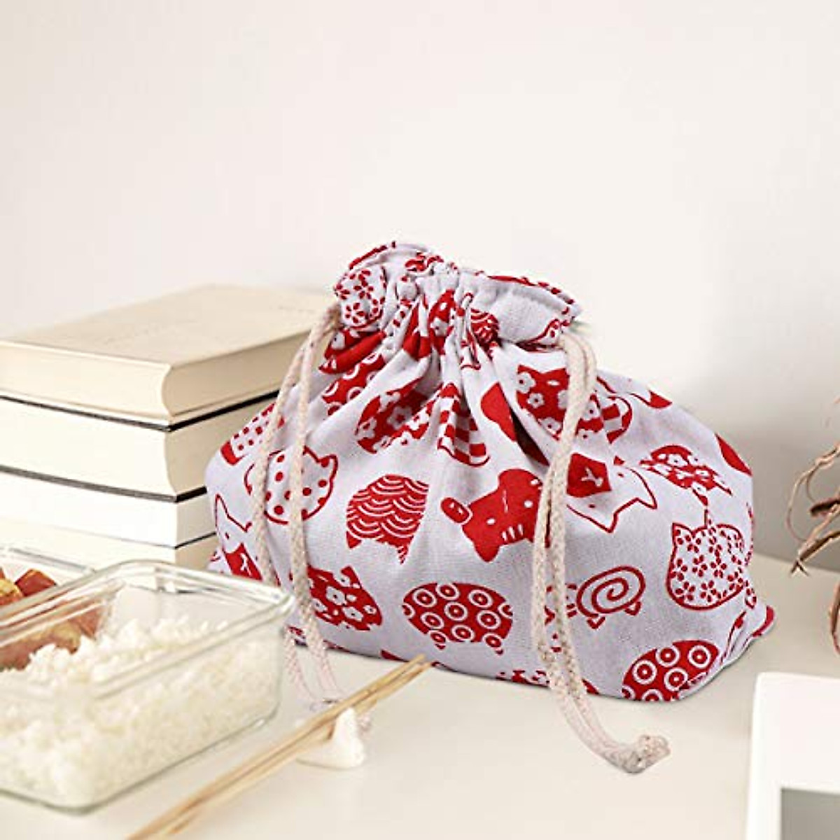 NUOBESTY Lunch Box Pouch with Drawstring Japanese Portable for Bento Boxes Tote Bag Picnic Office Outdoor Lunch Storage Handy Bags Cat Printed Red