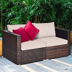 Tangkula 4 PCS Outdoor Wicker Corner Sofa Set, Patio Rattan Loveseat w/Removable Cushions, Sectional Sofa Set Additional Seats for Balcony Patio Garden Poolside (Brown)