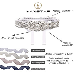 yanstar Bridal Rhinestone Wedding Belts Hand Clear Crystal 22In Length with White Organza Ribbon for Bridal Gowns