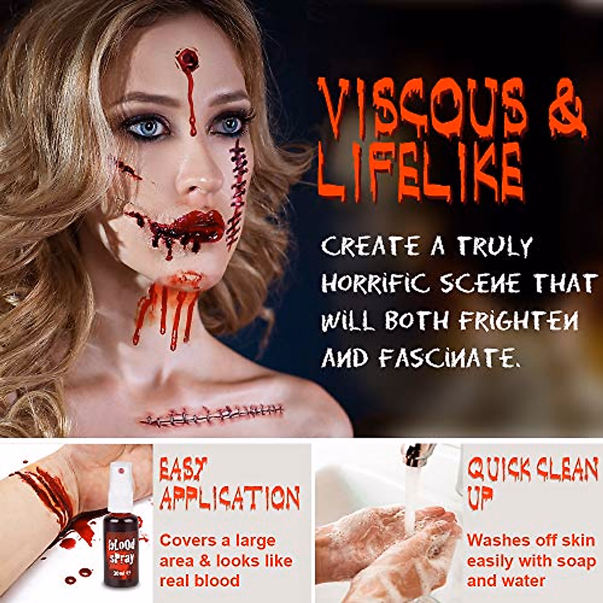 Halloween Fake Blood Spray Makeup - Washable Bloody Fake Blood for Costume Zombie Vampire and Monster Dress Up Cosplay, Realistic Blood Splatter for Clothes Mouth Face Paint Men Women