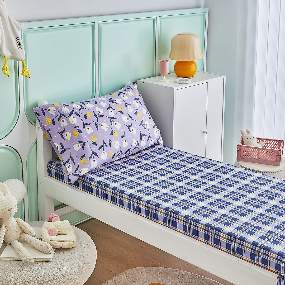 100% Cotton 4 Pieces Purple Floral Toddler Bedding Set with Yellow and White Flowers Includes Adorable Quilted Purple Comforter, Plaid Fitted Sheet, Top Sheet, and Pillow Case for Boys Girls