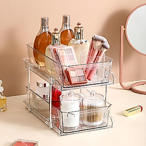 2 Tier Clear Organizer with Dividers, Multi-Purpose Slide-Out Storage Container, Bathroom Vanity Counter Organizing Tray, Under Sink Closet Organization, Kitchen Pantry Medicine Cabniet Storage Bins