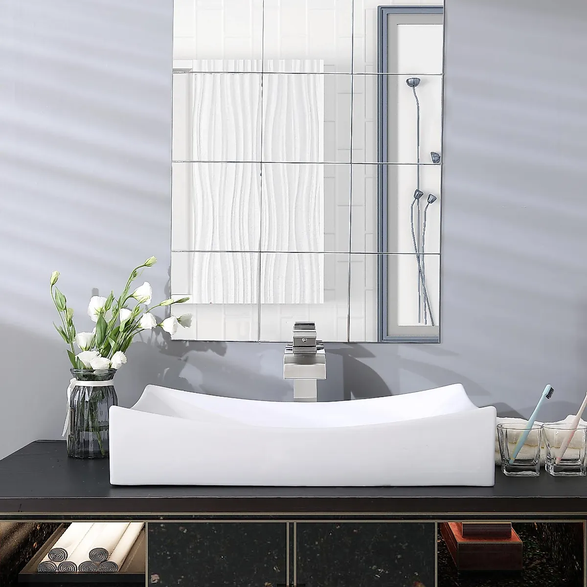 Aquaterior Waterfall Spout Single Handle Bathroom Vessel Sink Faucet with Mixer Tap One Hole Tall Bath RV Faucet Brushed Nickel(CUPC NSF CEC)