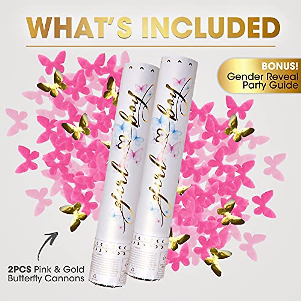 Gender Reveal Confetti Cannon | 2 pack| Butterfly Confetti Cannons | Gender Reveal Ideas | Butterfly Confetti Poppers for Pink Color Reveal | Baby Gender Reveal, Poppers Confetti Shooters | Pink Confetti Gender Reveal Poppers | Gender Reveal Party Supplie