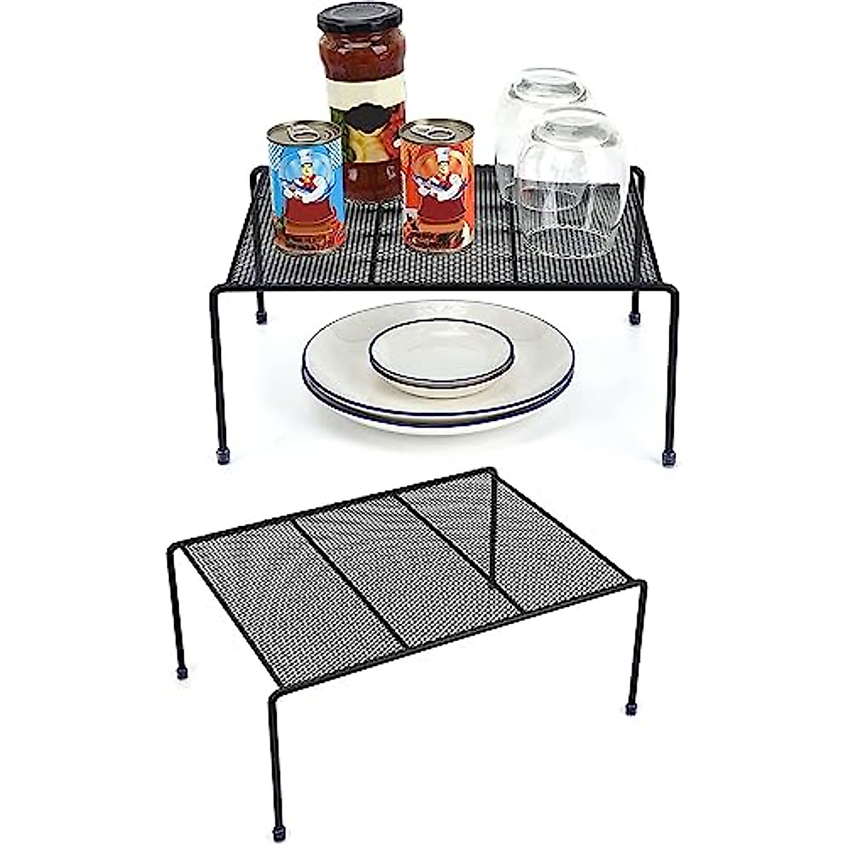 Set of 2 Mesh Kitchen Shelves Cabinet Storage Shelf Rack (13.1 x 10.2 Inch) ，Kitchen Bathroom Pantry Cupboard Desk Home Office, Fridge, Cabinet, Bathroom Cupboard, Non-Slip Plastic Feet (2, Black)