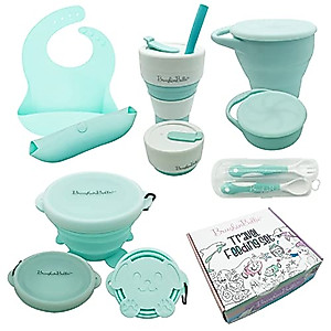BrushinBella Baby Feeding Set - Collapsible Feeding Supplies for Travel - Food Grade Silicone Suction Baby Bowl, Baby Plate, Baby Bib, Baby Spoons First Stage - Cute Baby Eating Supplies Toddler Gift