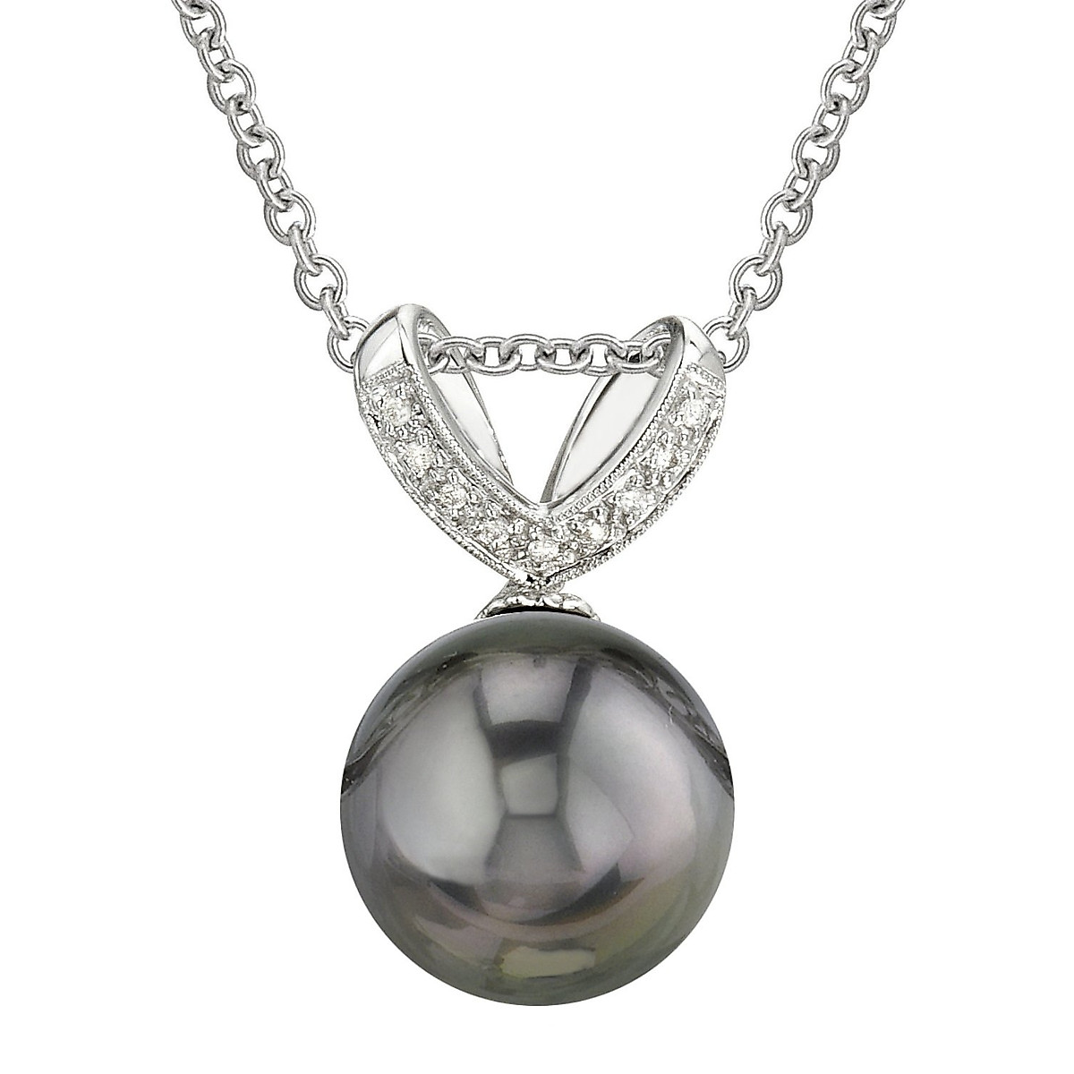 The Pearl Source 14K Gold 12-13mm Round Black Tahitian South Sea Cultured Pearl & Diamond Belissima Pendant Necklace for Women