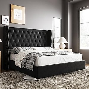 Jocisland King Bed Frame Upholstered Bed Wingback Headboard Velvet Tufted Diamond Button/No Box Spring Needed/Easy Assembly/Black