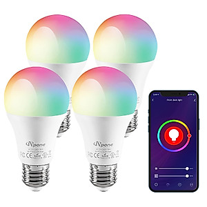 Smart A19 LED Smart, WiFi Light Bulb Compatible with Alexa Google Home, with Over 16 Million Vivid Color, Cool Warm White Dimmable, No Hub Required, 60W Equivalent, RGB+2700K-6500K, 4 Pack