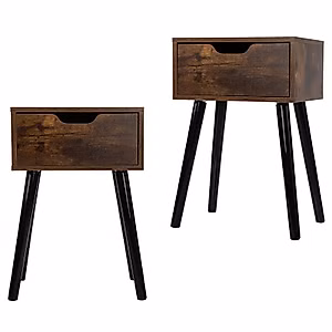 Tidyard Set of 2 Mid Century Wood Side Table, End Table with 1 Storage Drawer, Nightstand for Bedroom Living Room, Rustic Brown and Black