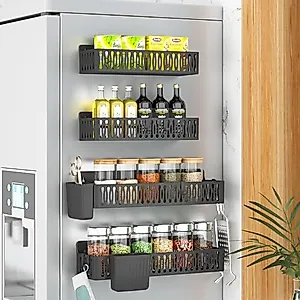 Sevenblue 4 Pack Magnetic Spice Rack for Refrigerator, Spice Rack Organizer, Moveable Magnetic Shelf Fridge Organizer with 4 Hooks and 2 Hanging Cups for Kitchen and Oven Organization, Black