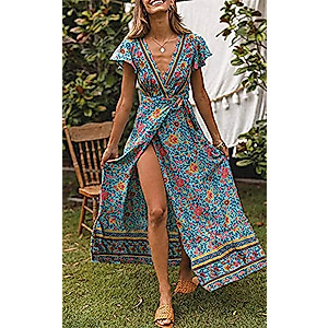 ZESICA Women's 2023 Bohemian Floral Printed Wrap V Neck Short Sleeve Split Beach Party Maxi Dress,Green,Medium