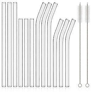 [12 Pcs] Reusable Glass Straws Shatter Resistant - 11" x 8mm and 9" x 8mm Each Including 3 Straight and 3 Bent with 2 Cleaning Brush Perfect for 30 oz and 20 oz Tumblers Juice Coffee Cocktail Tea