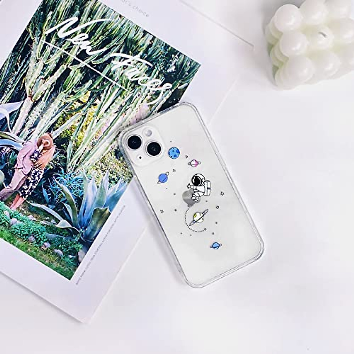 NITITOP Compatible with iPhone 14 Case Clear Cute with Astronaut Outer Space Aesthetic Planet Star Creative Pattern, for Women Girl Soft TPU Shockproof Cover for iPhone 14-Embrace