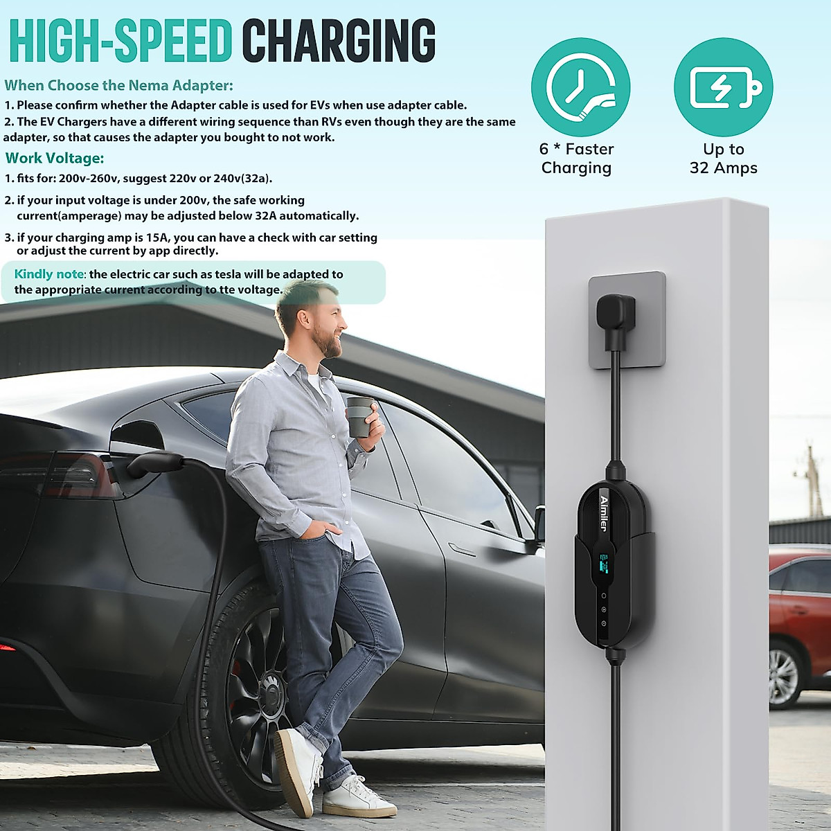 AIMILER Level 2 Tesla Charger(Wireless WiFi APP), 240V, 32 Amp, NEMA 14-50 Plug, 25ft Cord - Portable/Home NACS Connector Electric Car(EV) Charger for Tesla - Compatible with Tesla Model X/Y/3/S