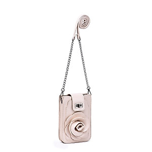 Mellow World Rosa 3D Floral Cell Phone Small Cross Body Shoulder Bag Vegan Leather Women Purse Touch Screen Removable Strap, Cream