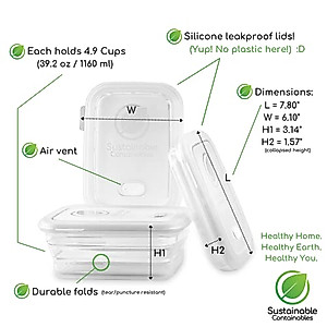 Premium Silicone Collapsible Food Storage Container with Silicone Leakproof Lid, Clear Platinum Food-Grade, BPA Free, LFGB Certified, Compact, Reusable Lunch Box, Microwave Safe Meal Prep, 4.9 Cups 1 Pk