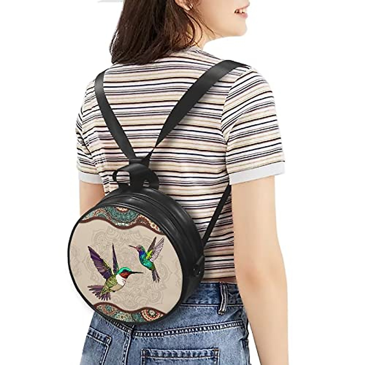 WHOSGNIHT Ethnic Tribal Hummingbird Women Crossbody Circle Bag Purse Waterproof Leather Evening Party Handbag Casual Travel Shopping Shoulder Bag Backpack