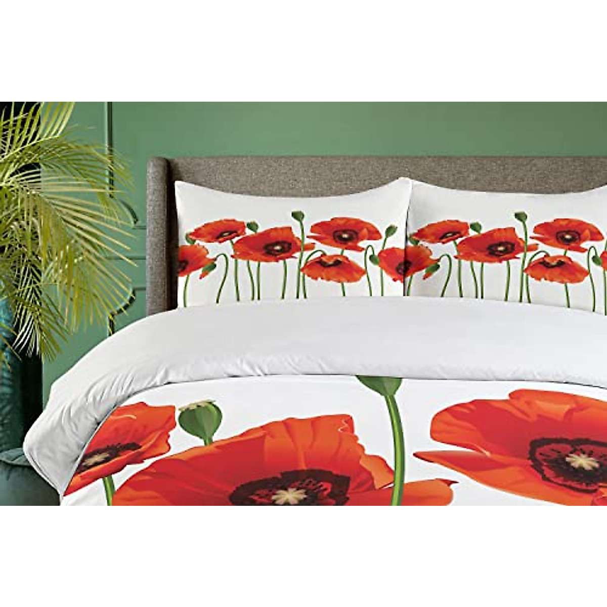 Ambesonne Floral Duvet Cover Set, Poppies of Spring Season Pastoral Flowers Botany Bouquet Field Nature Theme Art, Decorative 3 Piece Bedding Set with 2 Pillow Shams, Queen Size, Red and Green