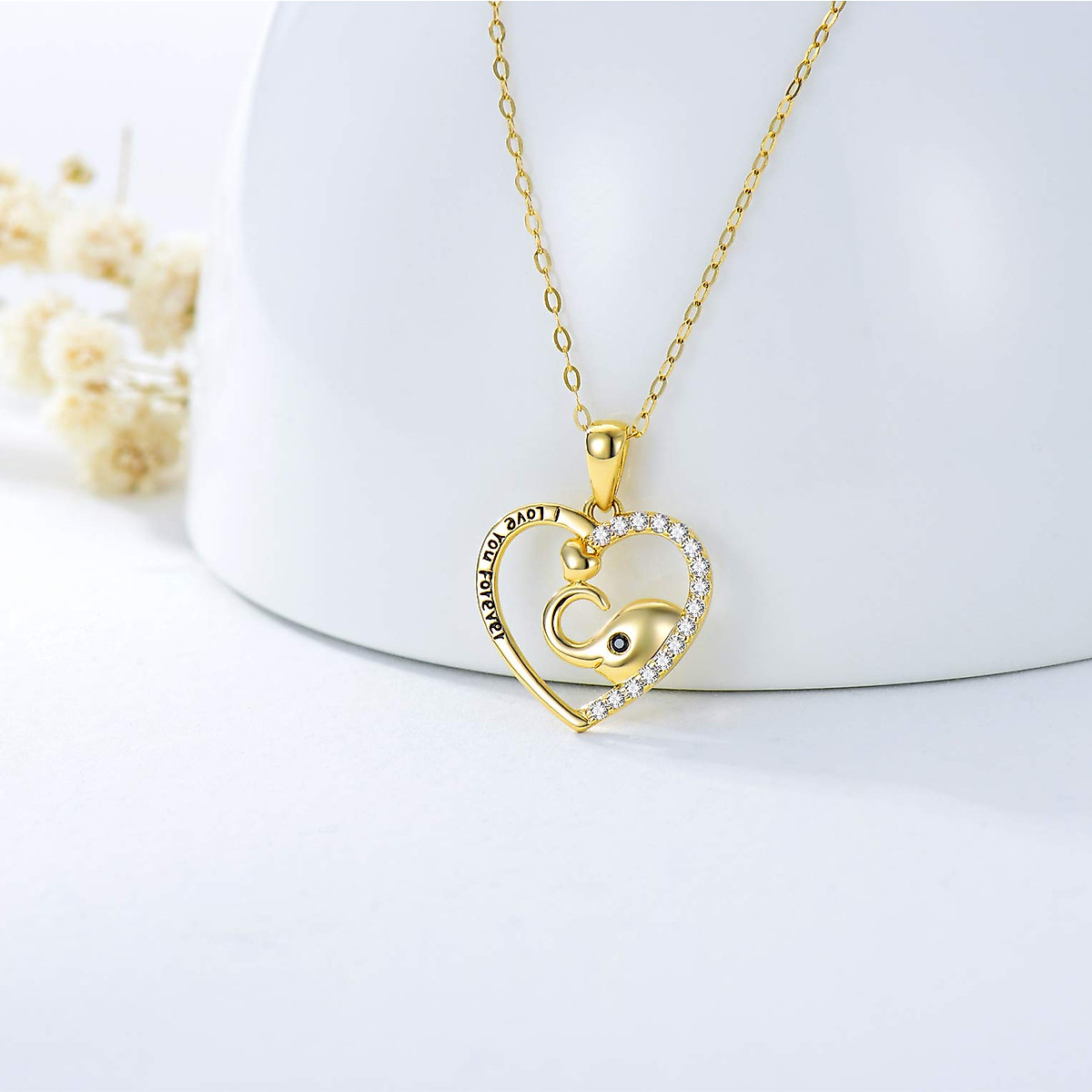 SISGEM 14K Yellow Gold Elephant Heart Necklace for Women,Real Gold Lucky Elephant Necklaces with 5A Cubic Zirconia,Love Jewelry Valentine's Day Gifts for Mother/Wife,16''+2''