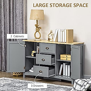 HOMCOM Buffet Cabinet with 3 Storage Drawers and Adjustable Shelves, 2 Door Sideboard with Rubber Wood Top, Coffee Bar for Living Room, Entryway, Grey