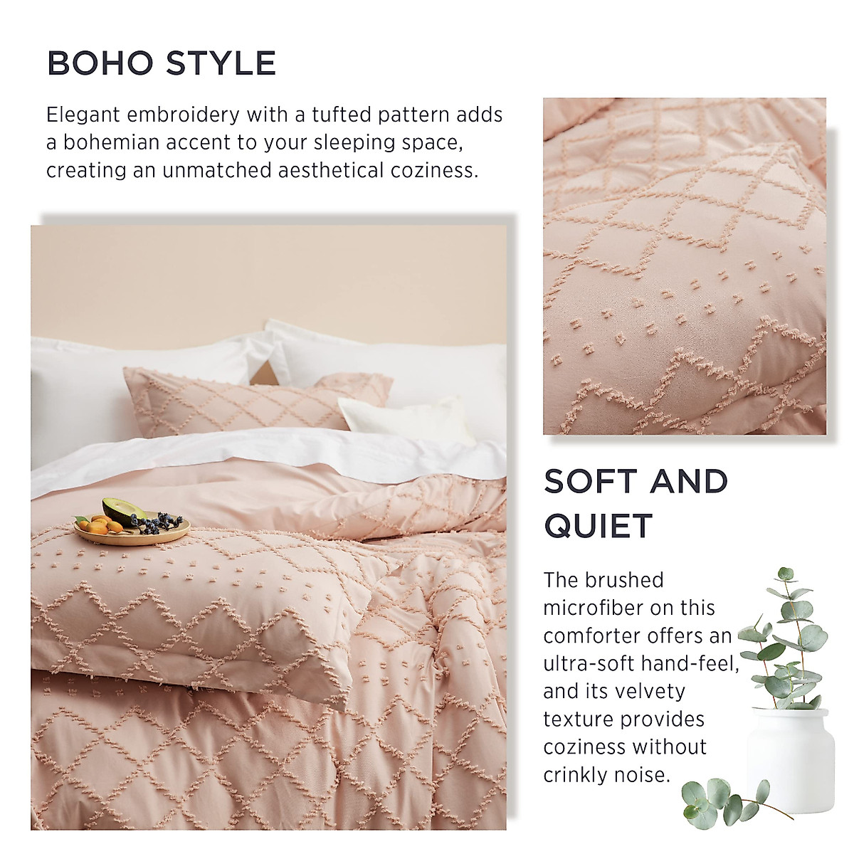 Bedsure Twin/Twin XL Comforter Set - Coral Pink Boho Twin Extra Long Comforter Set for College, Shabby Chic Dorm Bedding Set, 2 Pieces Modern Farmhouse Bed Set, Includes 1 Pillow Sham