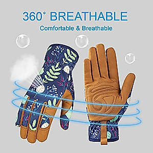 Leather Gardening Gloves for Women - Working Gloves for Weeding, Digging, Planting, Raking and Pruning (B-Blue)