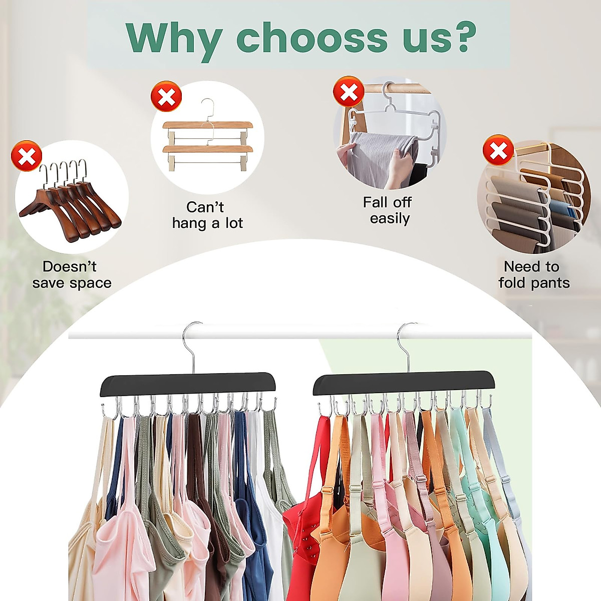 Kalimdor Bra Hanger for Closet 2 Pack, Tank Top Hanger 20 Hooks Capacity Foldable Wood Space Saving Hanger Closet Organizers and Storage for Dorm & Apartment for Lingerie,Tank Top, Bra, Scarf etc.