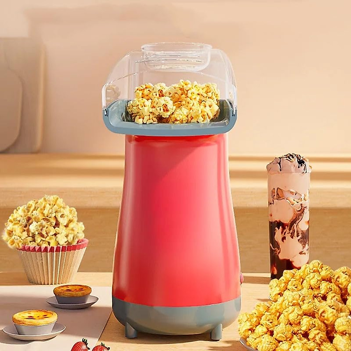 Dzmb quick and easy hot air popcorn machine with measuring cup, oil-free popcorn machine with on/off switch is suitable for family movie night parties. (Red)