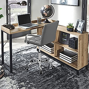 Furmax Mid-Back Office Task Chair Ribbed PU Leather Executive Chair Modern Adjustable Home Desk Chair Retro Comfortable Work Chair 360 Degree Swivel with Arms (Grey)